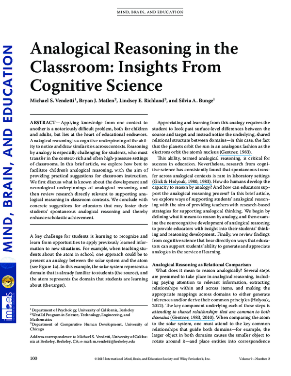 Pdf Analogical Reasoning In The Classroom Insights From Cognitive Science