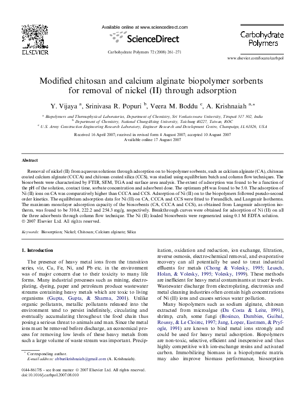 (PDF) Modified chitosan and calcium alginate biopolymer sorbents for removal of nickel (II ...