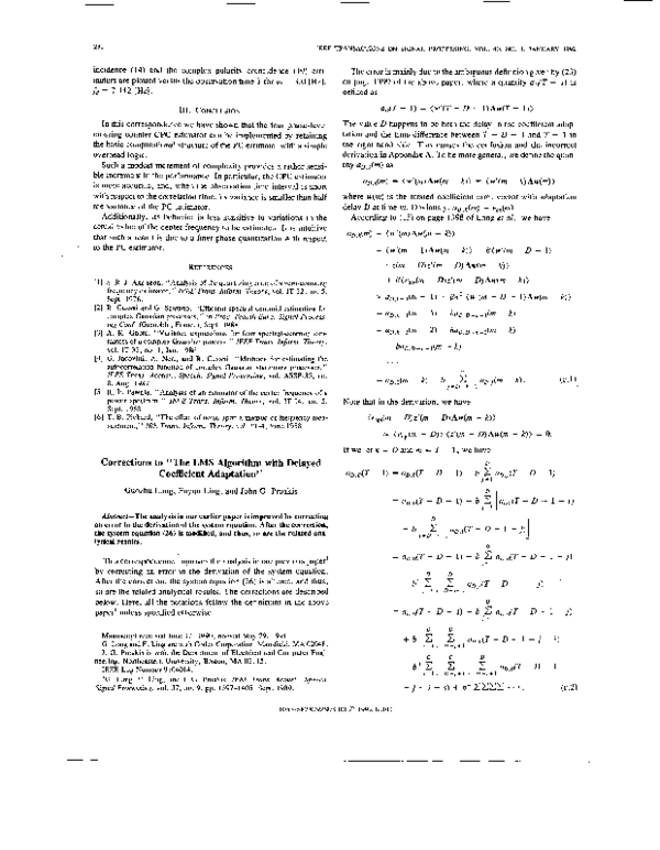 Pdf Corrections To The Lms Algorithm With Delayed Coefficient Adaptation Fuyun Ling