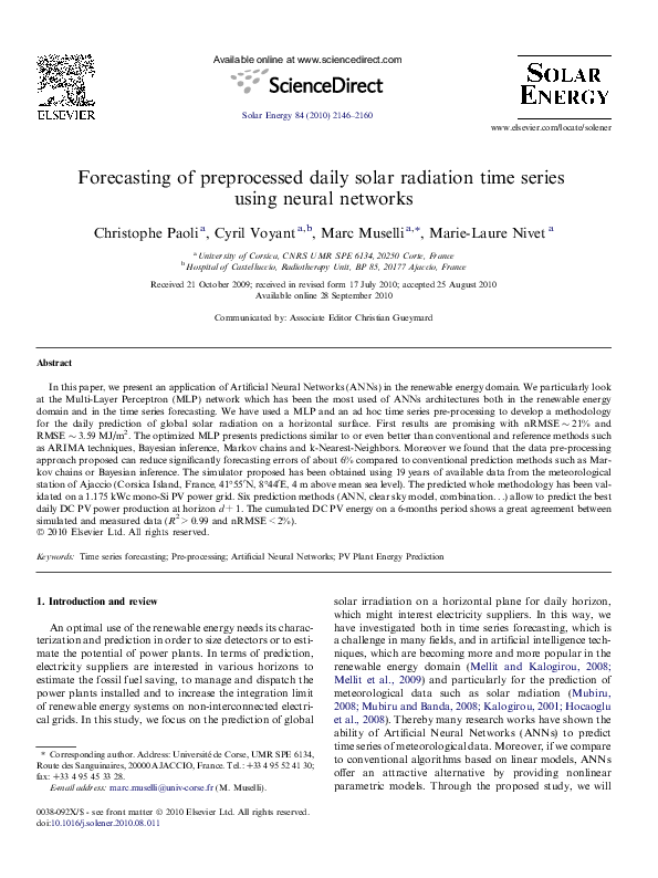 Pdf Forecasting Of Preprocessed Daily Solar Radiation Time Series