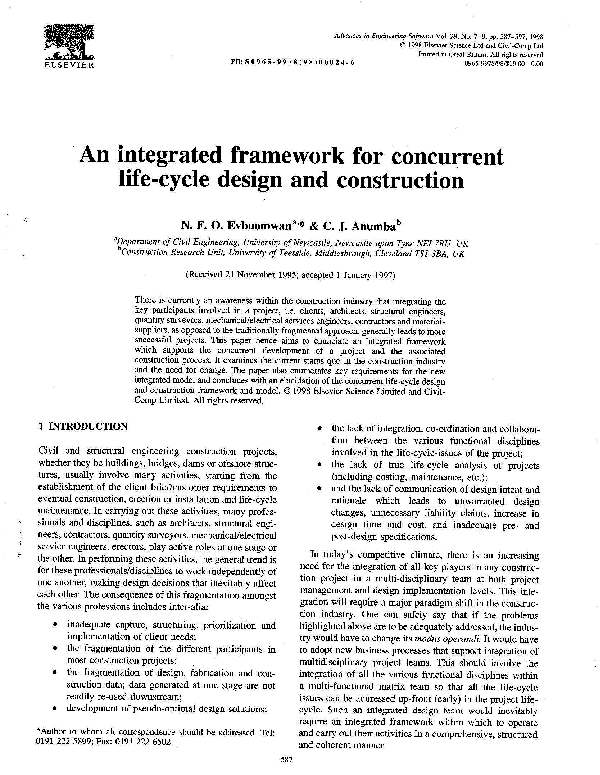 Pdf An Integrated Framework For Concurrent Life Cycle Design And Construction