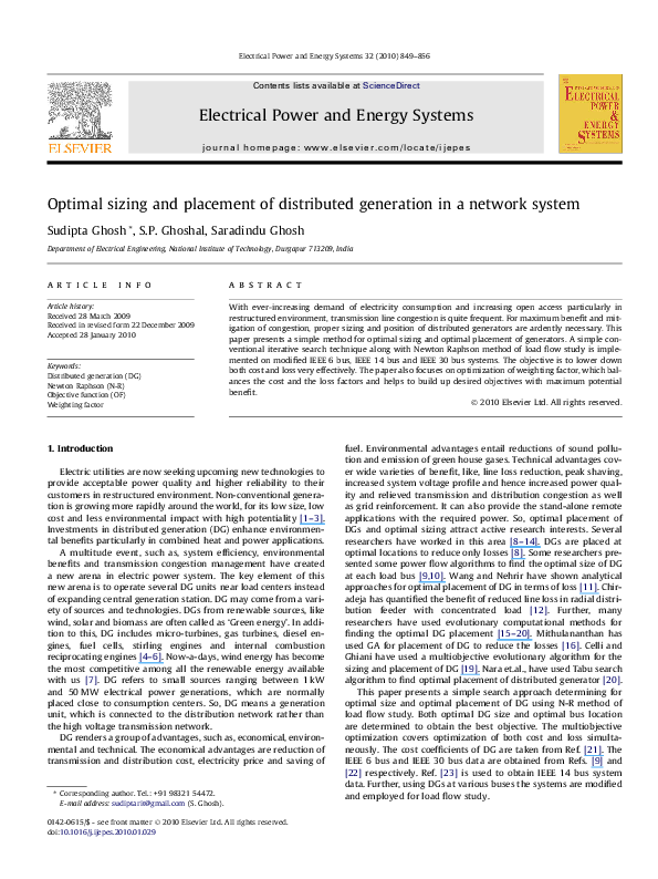 Pdf Optimal Sizing And Placement Of Distributed Generation In A Network System Azah Mohamed