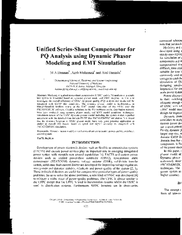 Pdf Unified Series Shunt Compensator For Pq Analysis Using Dynamic Phasor Modeling And Emt