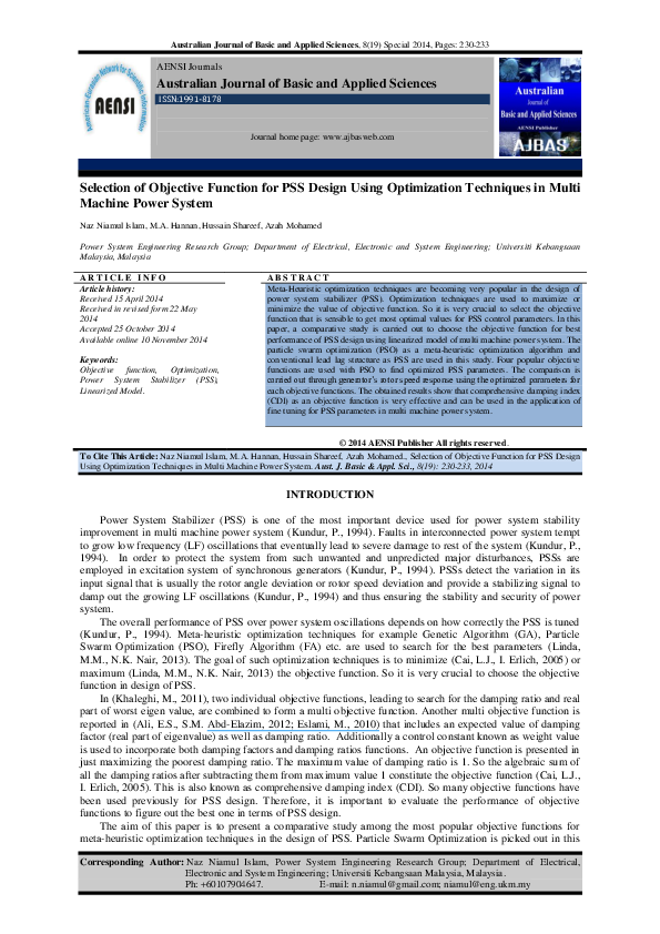 Pdf Selection Of Objective Function For Pss Design Using Optimization Techniques In Multi