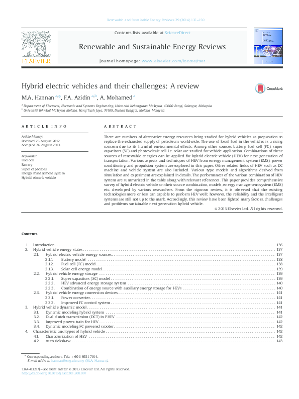 (PDF) Hybrid electric vehicles and their challenges: A review