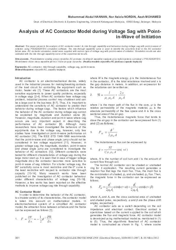 (PDF) Analysis of AC Contactor Model during Voltage Sag with Point-In-Wave of Initiation | Azah ...