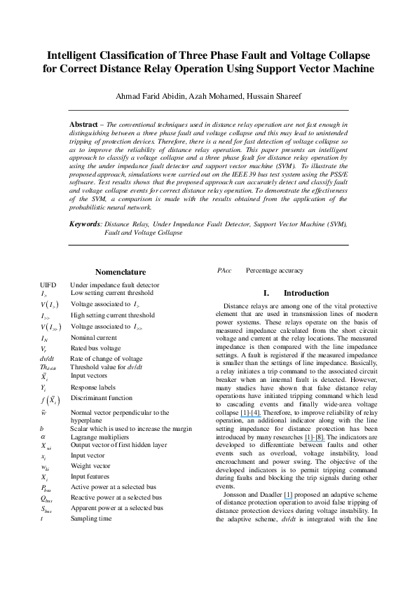 (PDF) Intelligent Classification of Three Phase Fault and Voltage Collapse for Correct Distance ...
