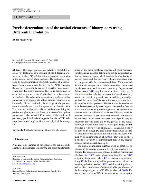 (PDF) Precise determination of the orbital elements of binary stars using Differential Evolution