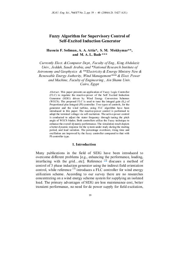 Pdf Fuzzy Algorithm For Supervisory Control Of Self Excited Induction Generator