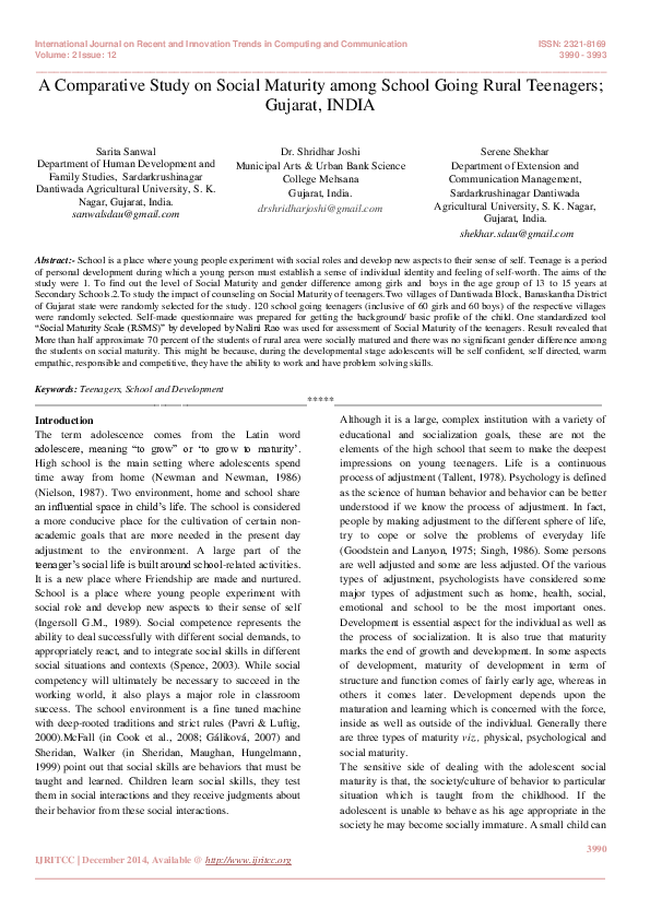 (PDF) A Comparative Study on Social Maturity among School Going Rural ...