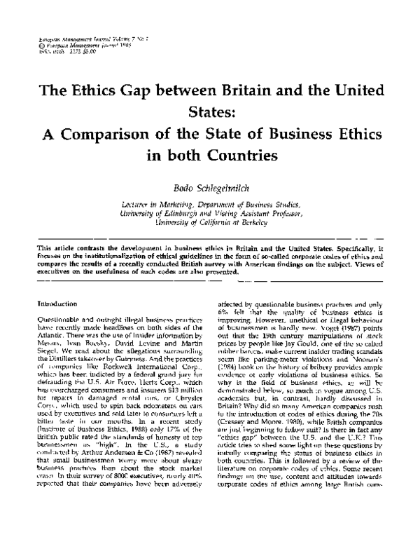 (PDF) The ethics gap between Britain and the United States: A ...