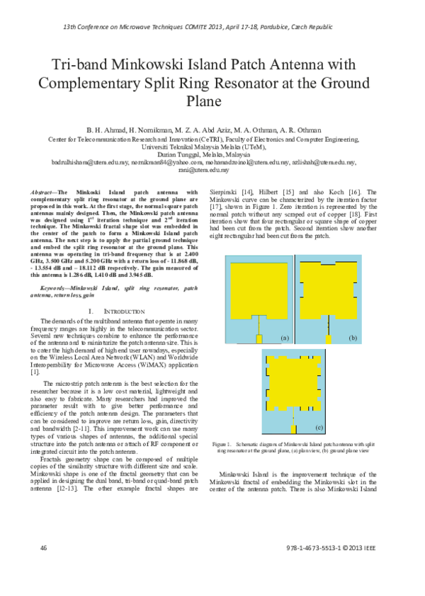 (PDF) Tri-band Minkowski Island patch antenna with complementary split ring resonator at the ...