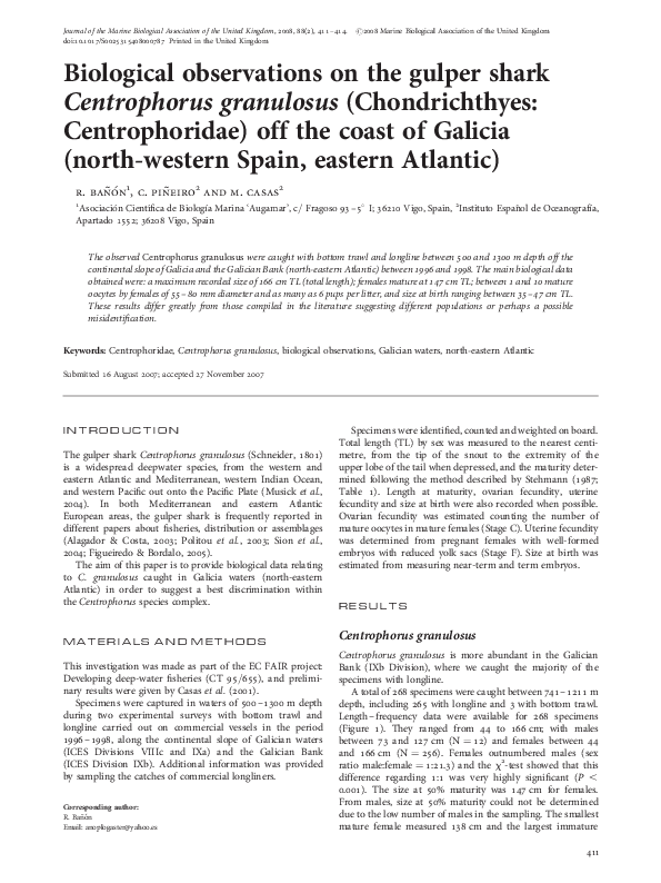 (PDF) Biological observations on the gulper shark Centrophorus ...