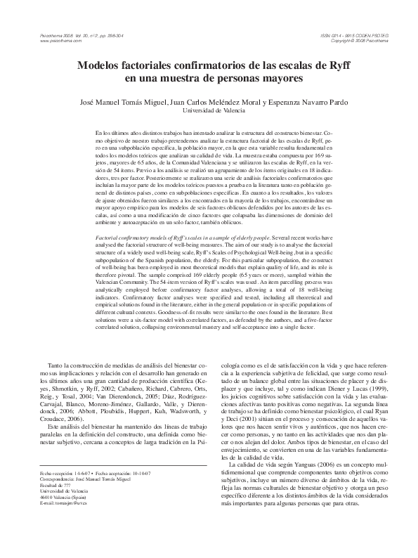 (PDF) [Factorial confirmatory models of Ryff's scales in a sample of ...
