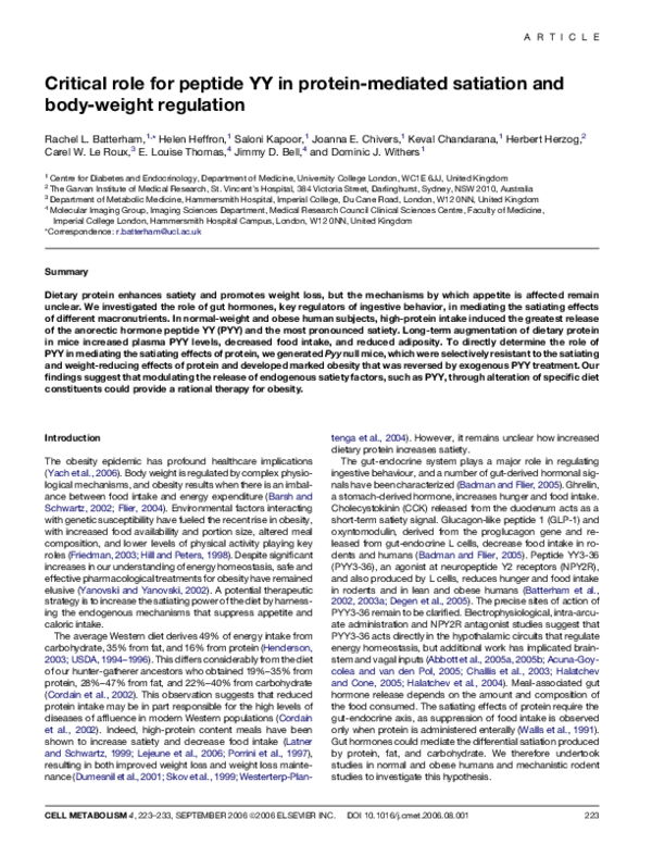 (PDF) Critical role for peptide YY in protein-mediated satiation and ...