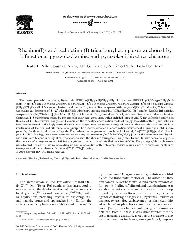 (PDF) Rhenium(I)- and technetium(I) tricarbonyl complexes anchored by bifunctional pyrazole ...