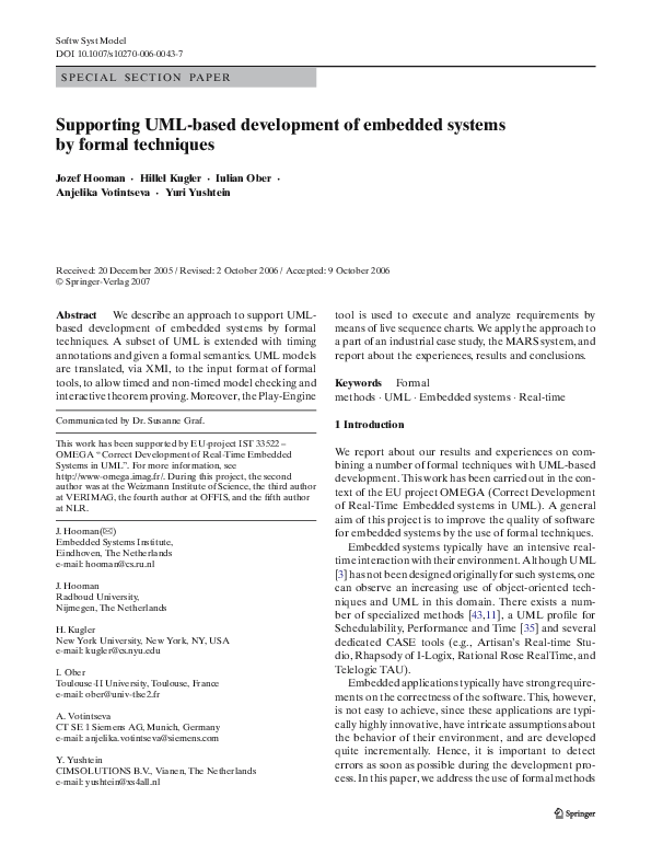 (PDF) Supporting UML-based development of embedded systems by formal techniques