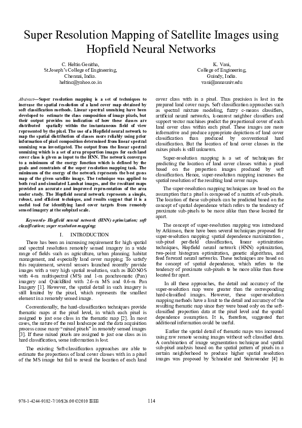 (PDF) Super Resolution Mapping of Satellite Images using Hopfield Neural Networks