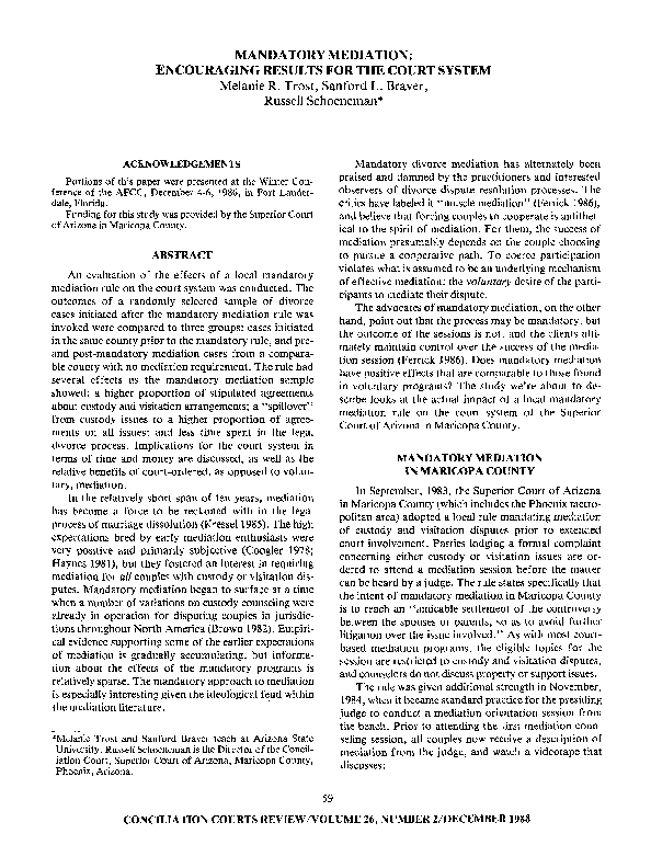 (PDF) MANDATORY MEDIATION: ENCOURAGING RESULTS FOR THE COURT SYSTEM