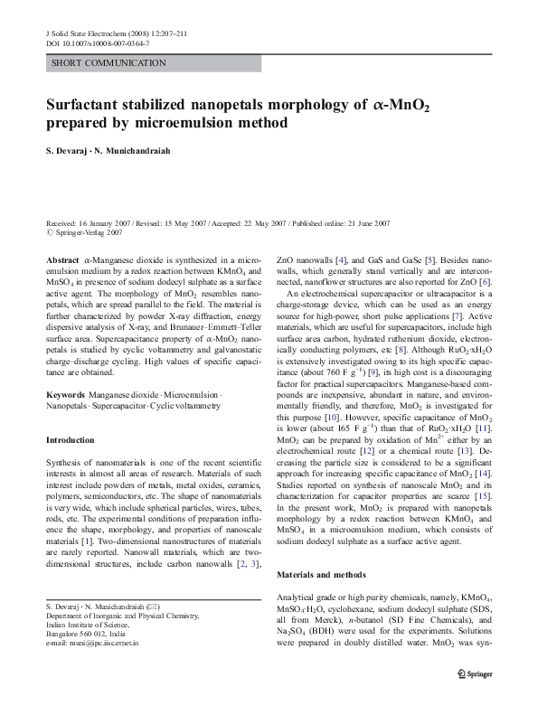 (PDF) Surfactant stabilized nanopetals morphology of alpha MnO2 ...