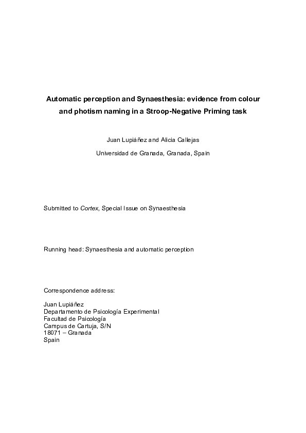 (PDF) Automatic Perception and Synaesthesia: Evidence from Colour and Photism Naming in a Stroop ...