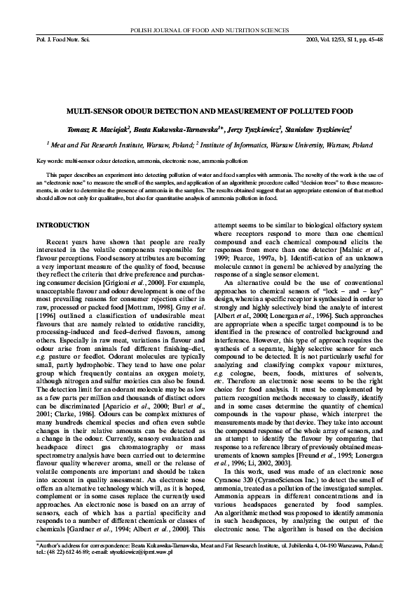 (PDF) Multi-sensor odour detection and measurement of polluted food