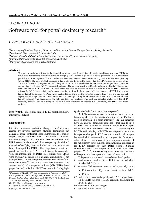 (PDF) Software tool for portal dosimetry research