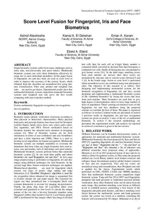 (PDF) Score Level Fusion for Fingerprint, Iris and Face Biometrics