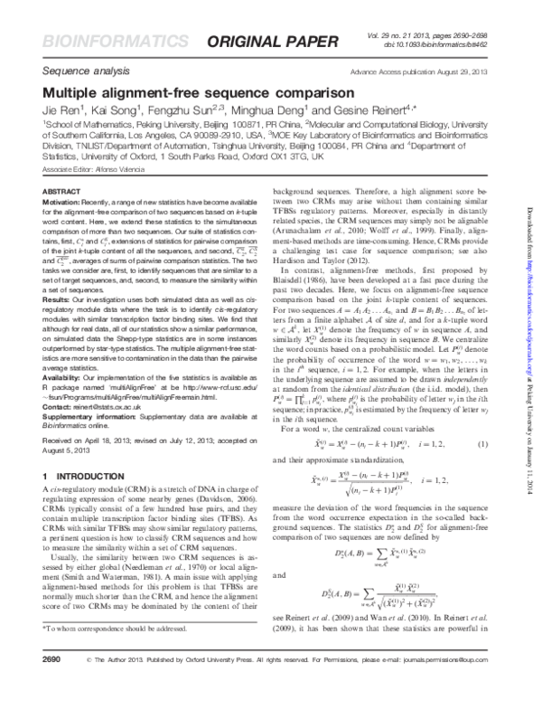 Pdf Multiple Alignment Free Sequence Comparison