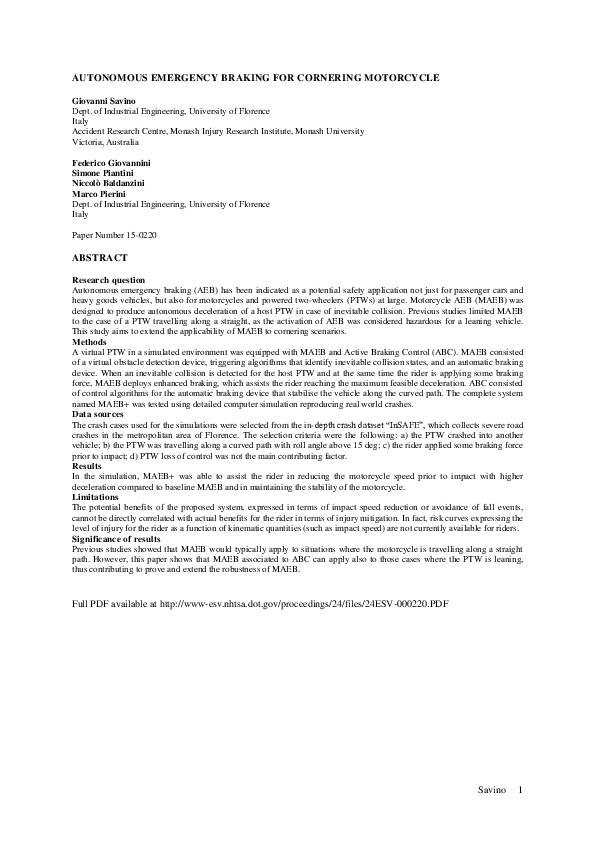 (PDF) Autonomous emergency braking for cornering motorcycle