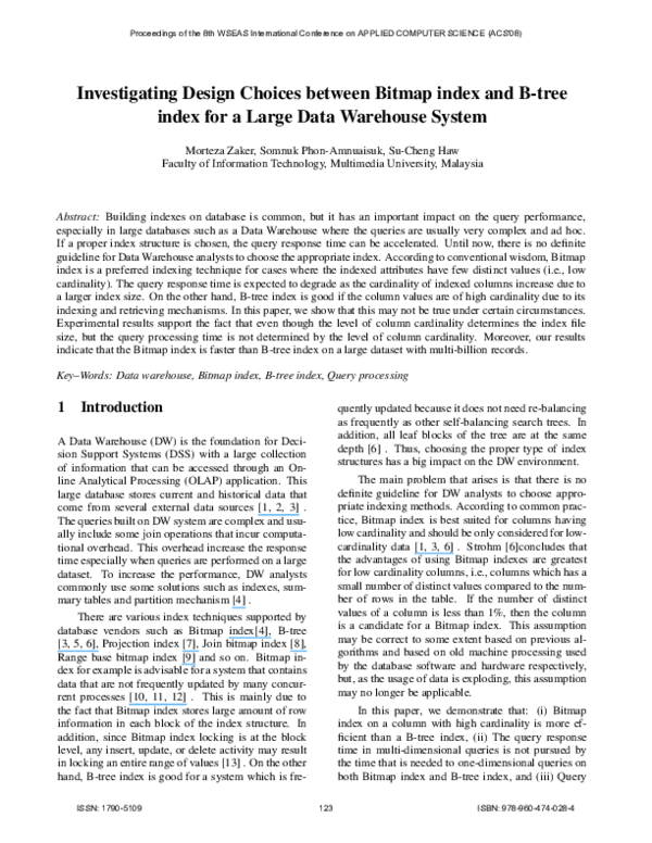 Pdf Investigating Design Choices Between Bitmap Index And B Tree Index For A Large Data