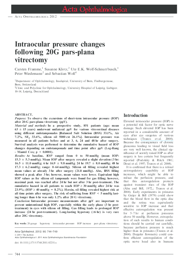 (PDF) Intraocular pressure changes following 20G pars-plana vitrectomy ...