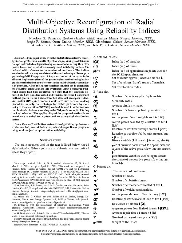 Pdf Radial Distribution System Reconfiguration Via Multi Objective