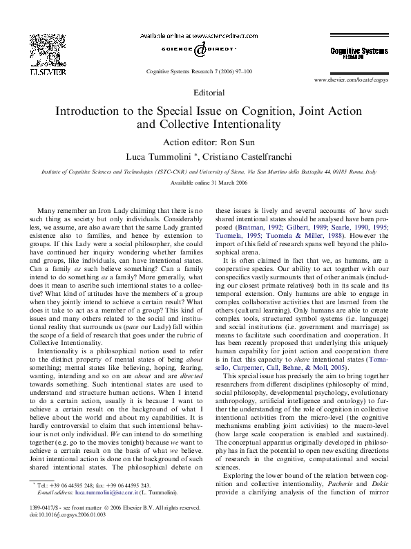 (PDF) Introduction to the Special Issue on Cognition, Joint Action and ...