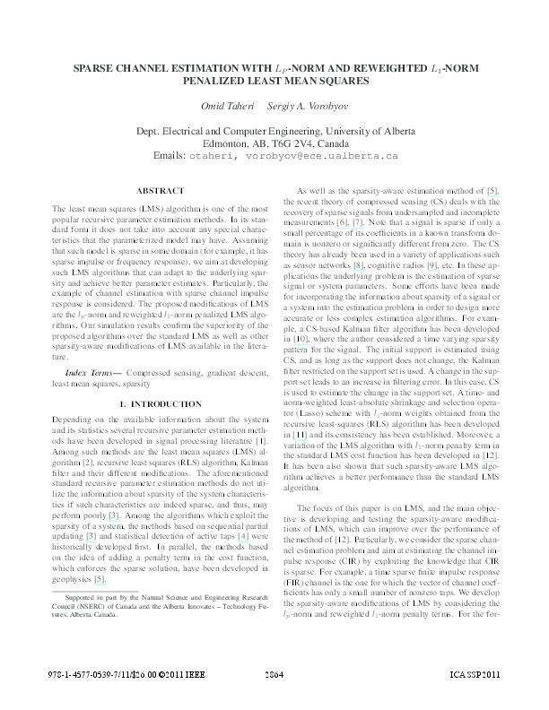 (PDF) Sparse channel estimation with l p -norm and reweighted l 1 -norm penalized least mean squares