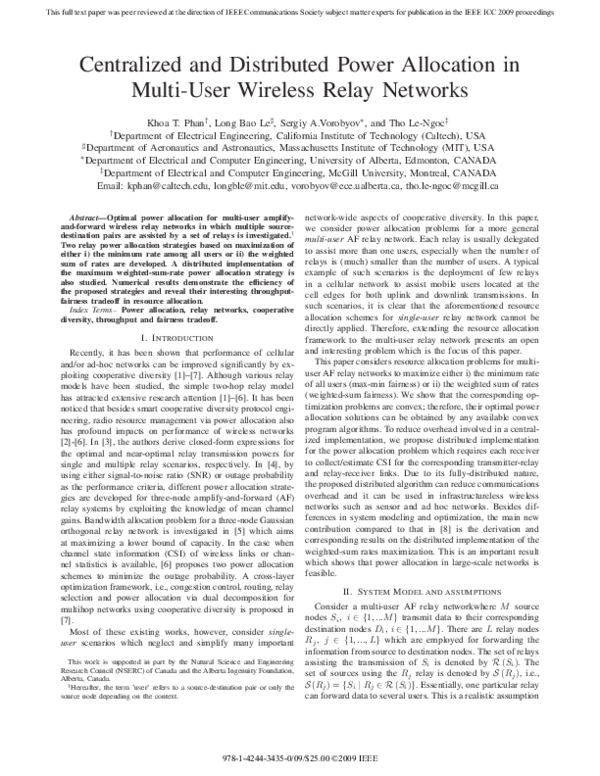 Pdf Centralized And Distributed Power Allocation In Multi User Wireless Relay Networks
