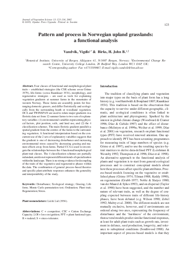(PDF) Pattern and process in Norwegian upland grasslands: a functional ...