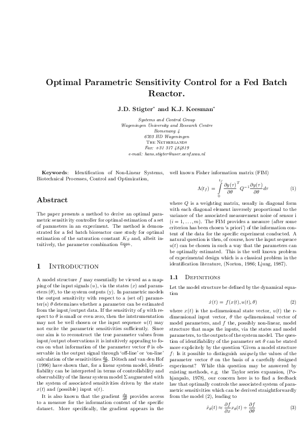 (PDF) Optimal parametric sensitivity control of a fed-batch reactor