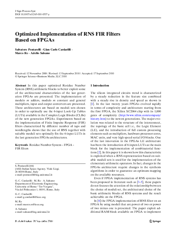 Pdf Optimized Implementation Of Rns Fir Filters Based On Fpgas