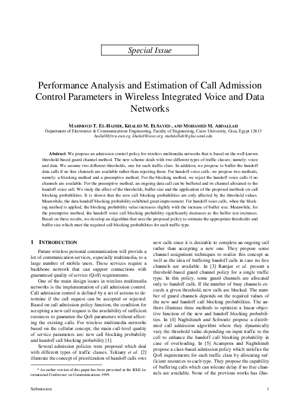 (PDF) Performance Analysis and Estimation of Call Admission Control Parameters in Wireless ...