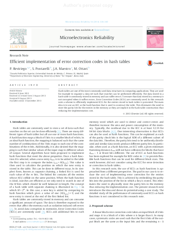 (PDF) Efficient implementation of error correction codes in hash tables