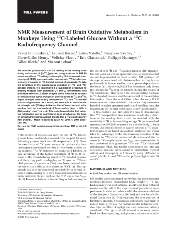 (PDF) NMR measurement of brain oxidative metabolism in monkeys using13C ...
