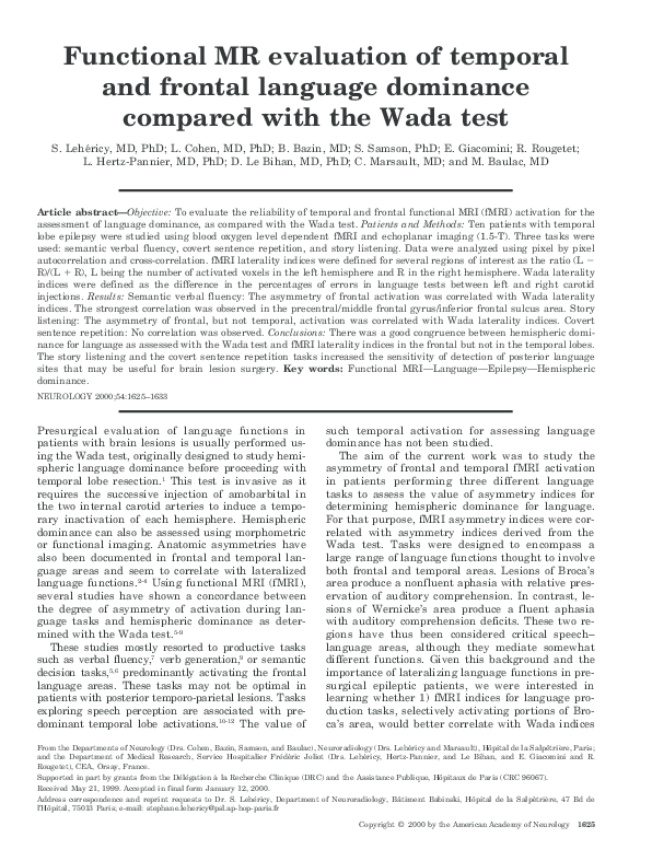 (PDF) Functional MR evaluation of temporal and frontal language ...