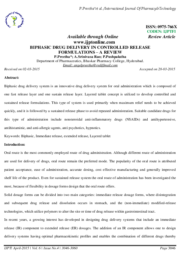 (PDF) BIPHASIC DRUG DELIVERY IN CONTROLLED RELEASE FORMULATIONS – A REVIEW