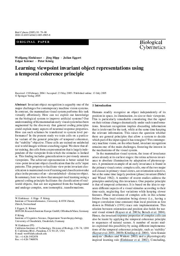 (PDF) Learning viewpoint invariant object representations using a temporal coherence principle