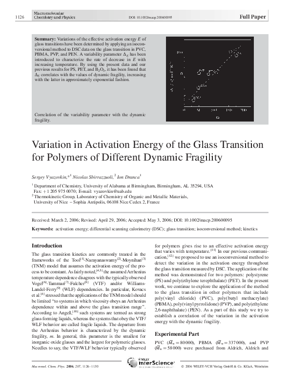 (PDF) Variation in Activation Energy of the Glass Transition for ...