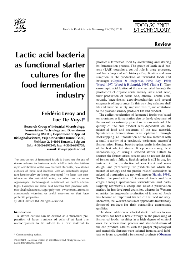(PDF) Lactic acid bacteria as functional starter cultures for the food fermentation industry