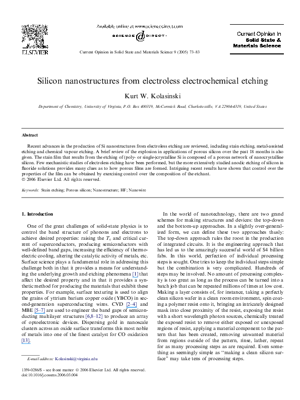 (PDF) Silicon nanostructures from electroless electrochemical etching
