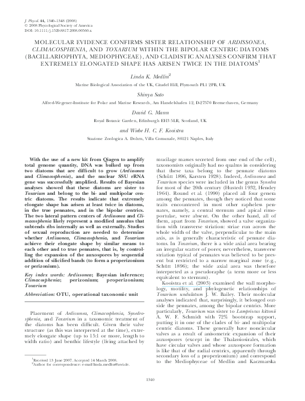 (PDF) MOLECULAR EVIDENCE CONFIRMS SISTER RELATIONSHIP OF ARDISSONEA ...
