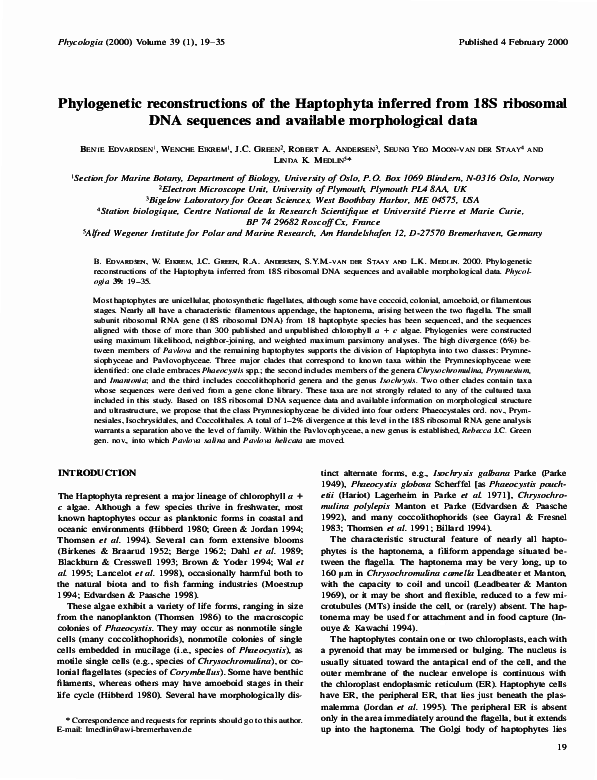 (PDF) Phylogenetic reconstructions of the Haptophyta inferred from 18S ...